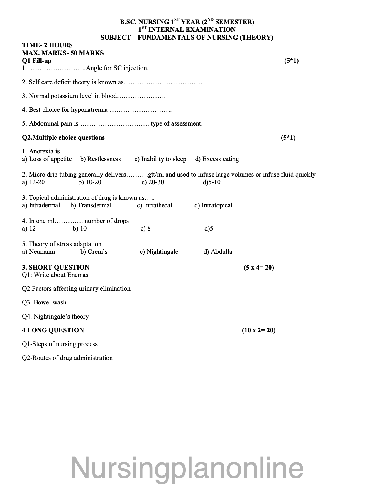 QUESTION PAPER - OBSTETRICS AND GYNECOLOGICAL NURSING – Nursing Plan Online