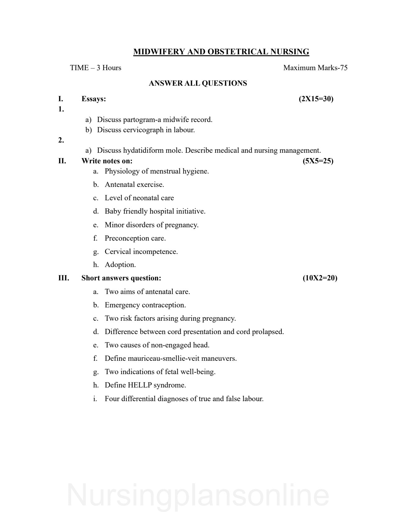 QUESTION PAPER- OBSTETRICS AND GYNECOLOGY NURSING – Nursing Plan Online