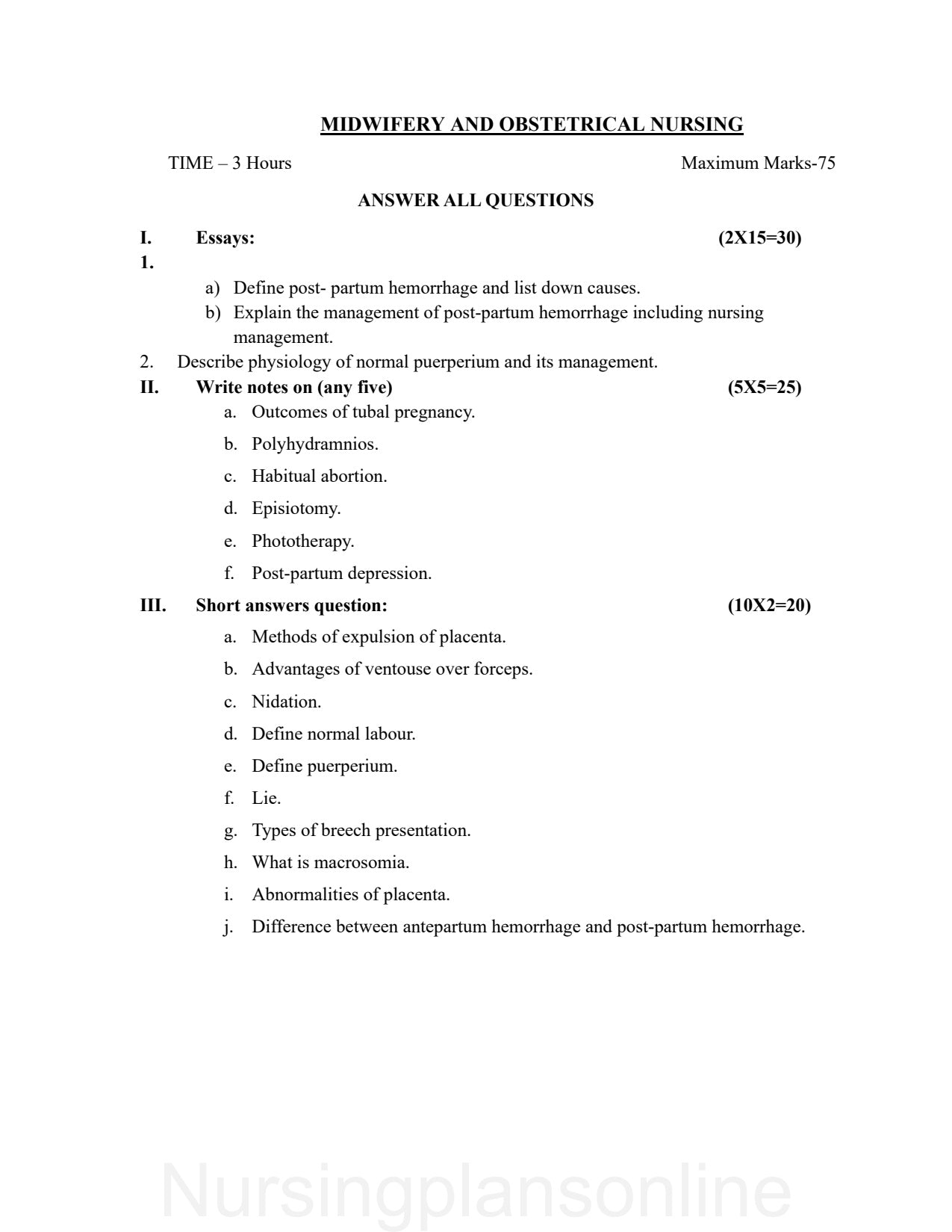 QUESTION PAPER- OBSTETRICS AND GYNECOLOGY NURSING – Nursing Plan Online