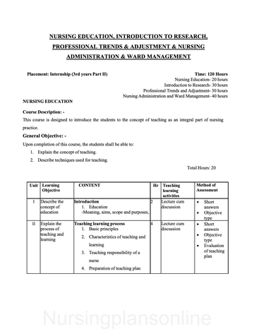 Lesson Plans in Nursing Education Pdf Online in India - Nursing Plans ...