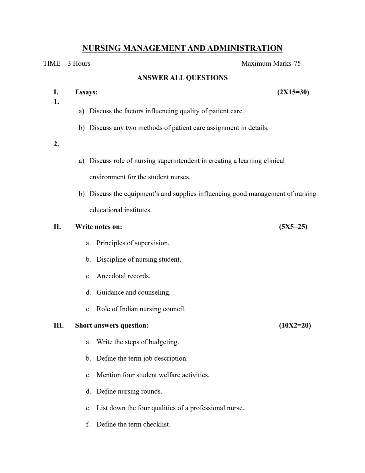QUESTION PAPER- NURSING MANAGEMENT AND ADMINISTRATION – Nursing Plan Online